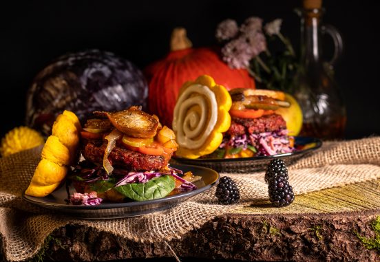 Vegan autumn burger - meaty patty with cole slaw in a pumpkin bun ...