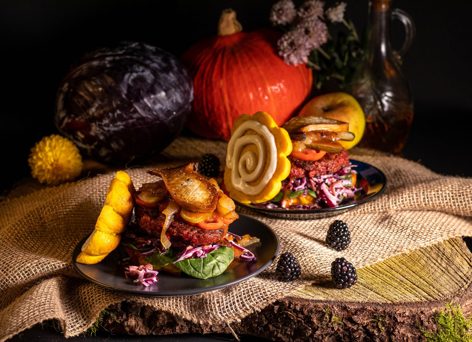 Vegan autumn burger - meaty patty with cole slaw in a pumpkin bun ...
