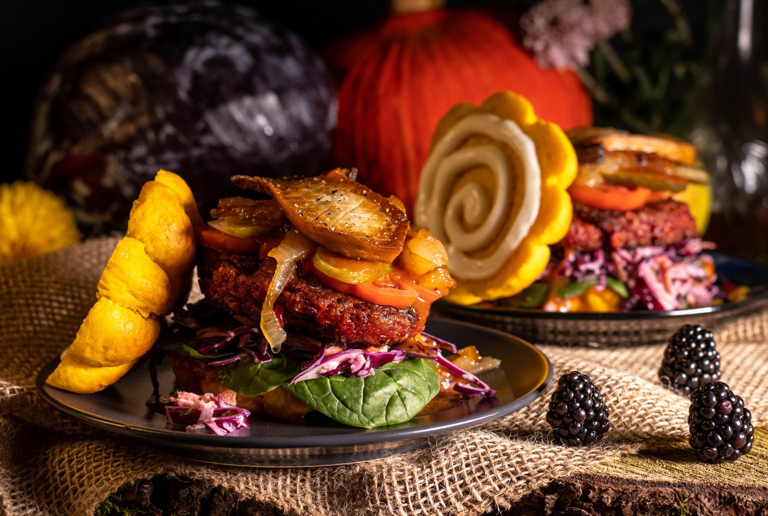 Vegan autumn burger - meaty patty with cole slaw in a pumpkin bun ...