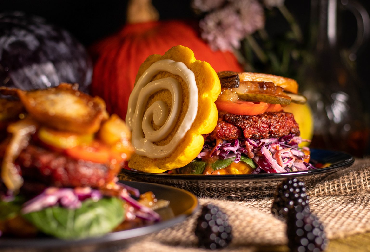 Vegan autumn burger - meaty patty with cole slaw in a pumpkin bun ...